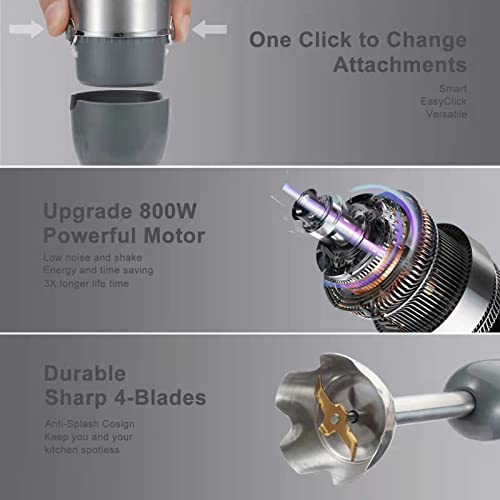 Hand Blender, 5 in 1 Blender, Hand Blender Electric 800W 6-Speed and Turbo Mode, Immersion Blender with 500ml Food Chopper, 600ml Container, Milk Frother, Egg Whisk, for Smoothie Sauces Food Soups