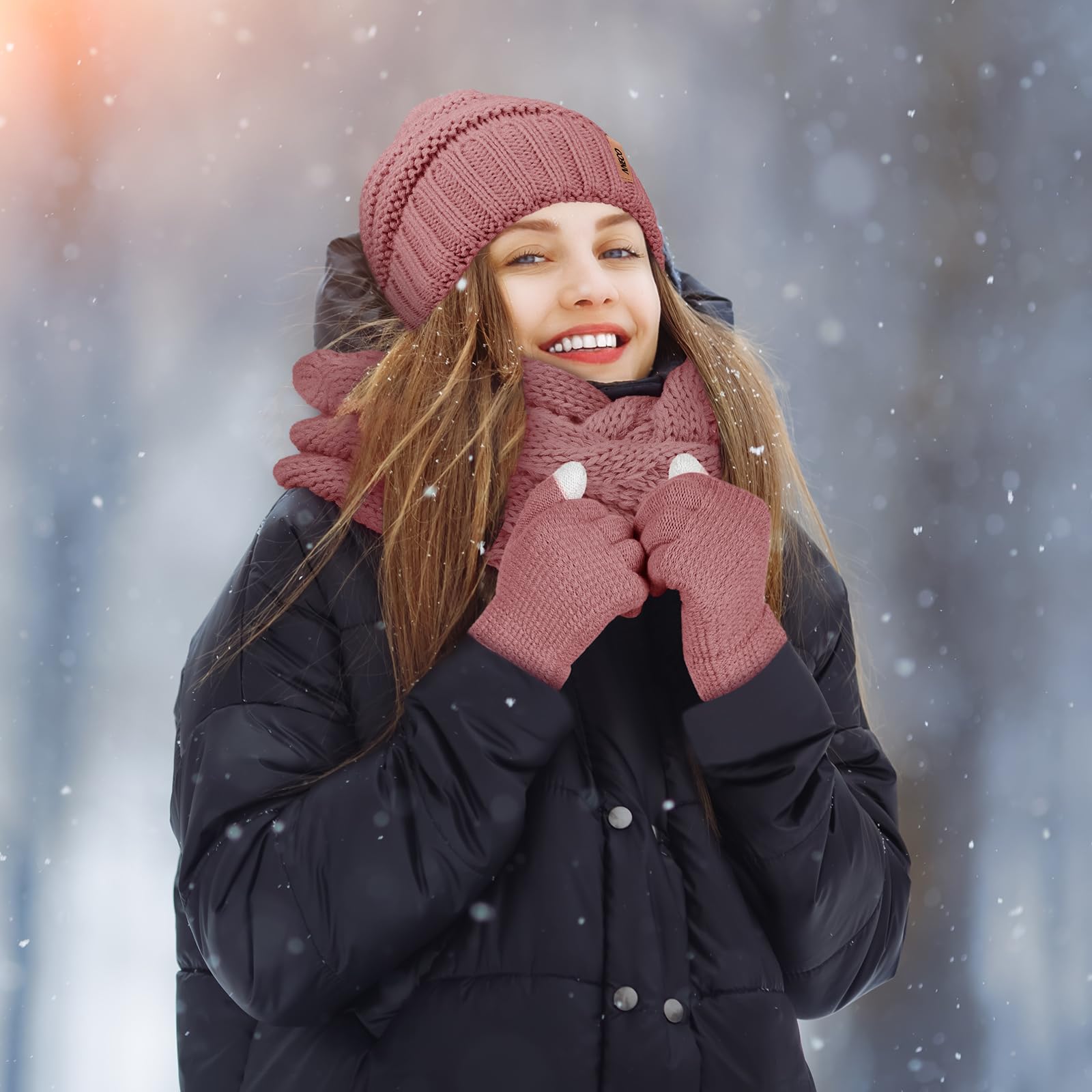 Aneco Winter Warm Knitted Scarf Beanie Hat and Gloves Set Men & Women's Soft Stretch Hat Scarf and Mitten Set
