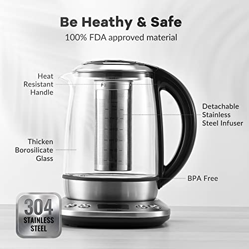Mecity Electric Tea Kettle With Tea Infuser and Temperature Control Glass Tea Maker LCD Display Preset Brewing Programs For Tea Water Boiler 1.7L