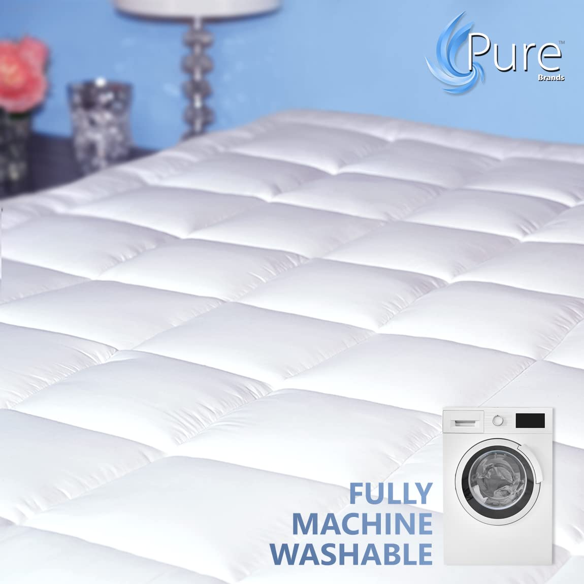 Pure Brands Full Mattress Topper & Mattress Pad Protector in One Quality Plush Luxury Down Alternative Pillow Top Make Your Bed Luxurious 18" Deep Pockets