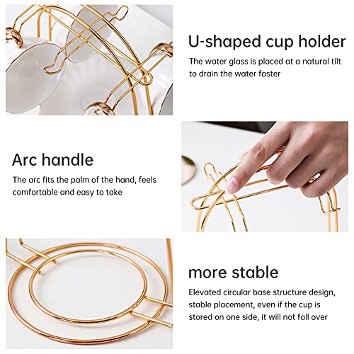 IKASEFU Gold Coffee Cup Holder, Dish and Cup Display Stand Mug Rack Holder Metal Cup Holder Coffee Cup Hanger Rack Tableware Storage Rack Tea Set Cup Hanger Rack for Home Kitchen Desktop (Only Rack)