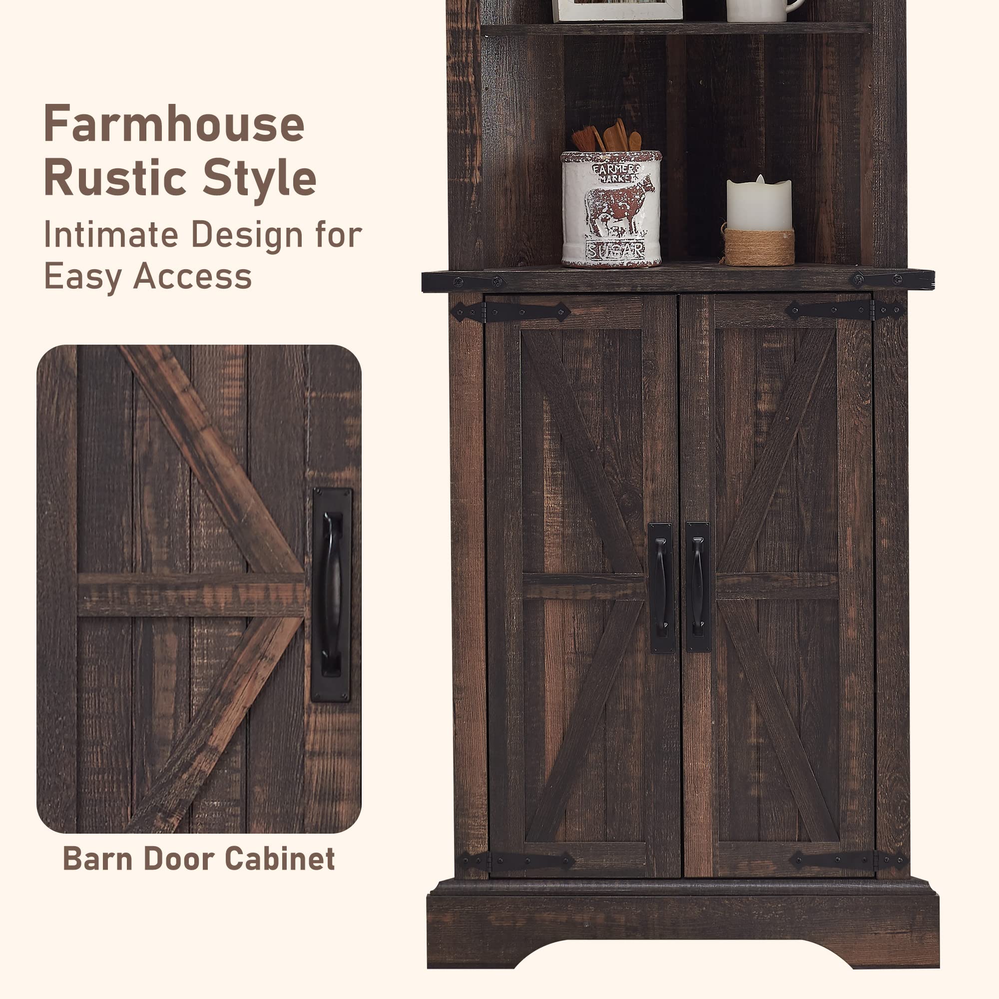 OKD Tall Corner Cabinet, Farmhouse Storage Cabinet with Barn Door Design & Adjustable Shelves, Home Space Saver for Bathroom, Living Room, Dark Rustic Oak
