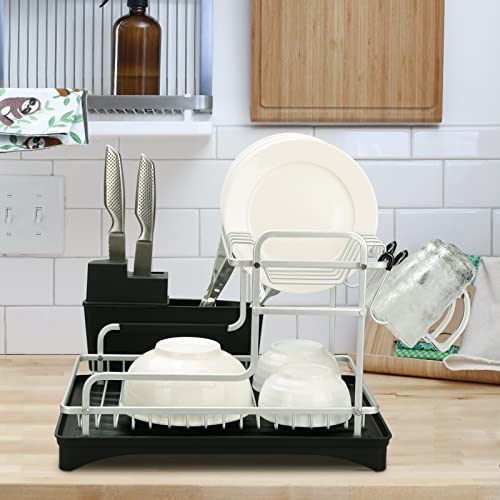 IKAYAA 2-Tier Dish Drying Rack, Dish Rack and Drainboard Set with Swivel Spout, with Cup Holder, Premium Aluminum, for Small Kitchen Countertop, Black Tray + Silver Frame