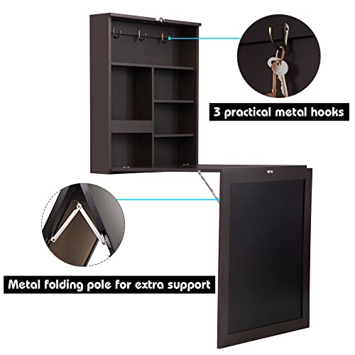 JAXPETY Wall Mounted Space-Saving Desk, Fold Out Computer Laptop Desk with Storage Bookcase & Chalkboard, Convertible Writing Desk for Home Office, Brown