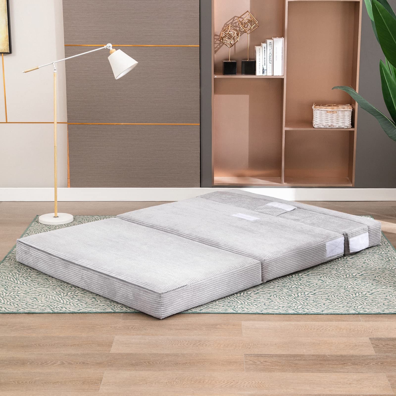 Mjkone Convertible Futon Sofa Bed, Floor Sofa Couch with Memory Foam, 3 in 1 Foldable Couch Bed, Pull Out Sleeper Sofa for Living Room/Apartment/Office (Gray, Full)