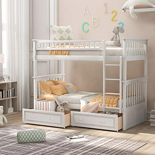 GLORHOME Twin Over Twin Wood Convertible Bunk Bed with Storage Drawers and Full Length Safety Guard Rails,Space Saving Bedroom Furniture, Can Be Converted into 2 Beds
