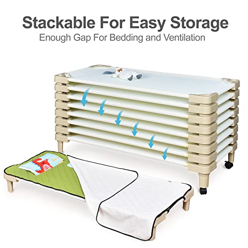 KRAND Kids Stackable Daycare Cot Rest Mat with Easy Lift Corners for Toddler Naptime at Preschool Classroom,Standard 22" W x 52" L (Ivory/Pack of 5, Wheels Included)