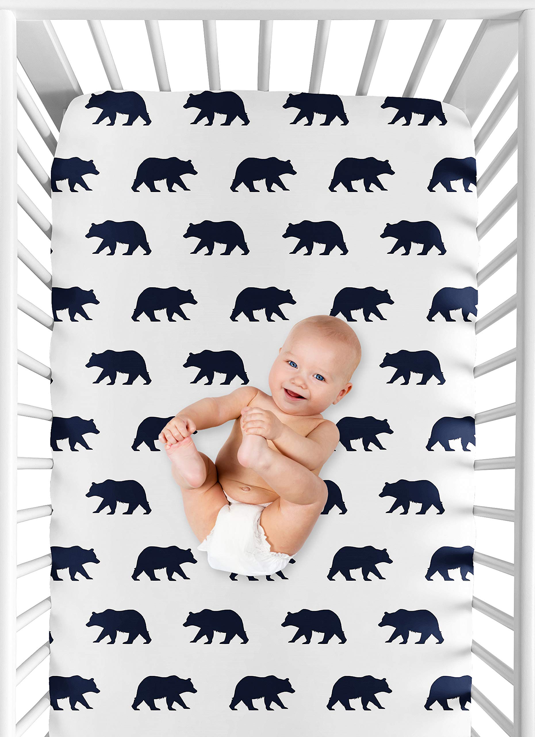 Navy Blue and White Bear Print Baby or Toddler Fitted Crib Sheet for Big Bear Collection by Sweet Jojo Designs