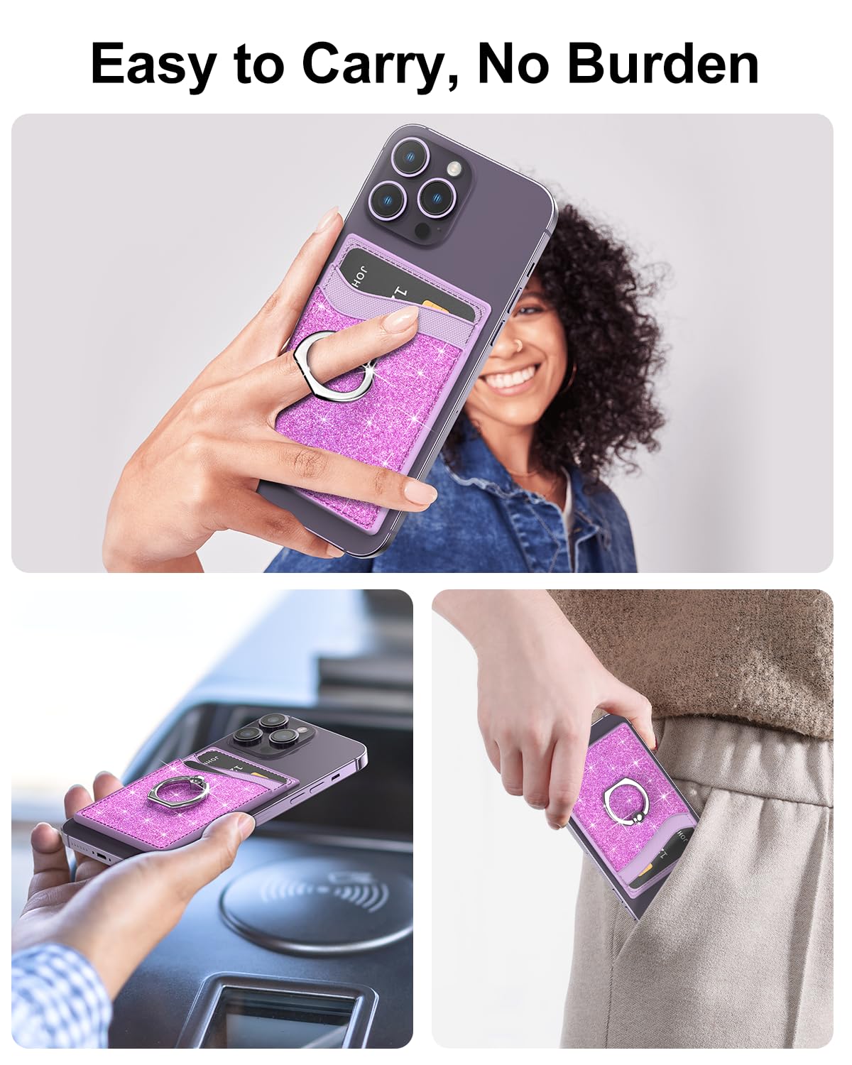 Anfauny MagSafe Phone Wallet - Leather Magnetic Cell Phone Wallet Card Holder with 360°Rotation Ring Phone Stand & RFID Blocking Compatible with iPhone 15/14/13/12 Series & MagSafe Cases - Purple