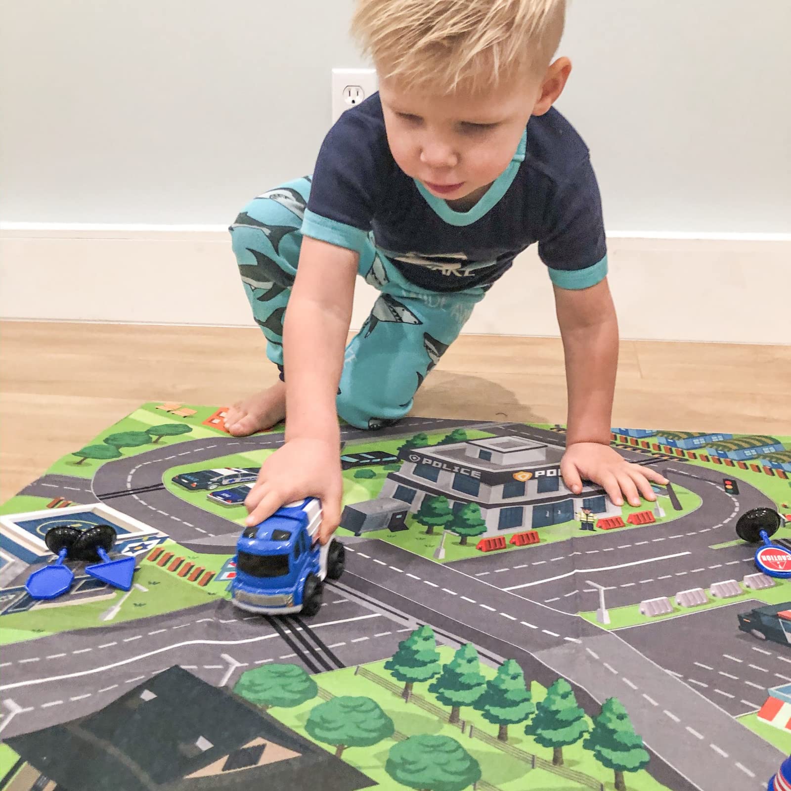 Kidplokio 8pc City Transport Playmat Set Friction Power Police Cars Boys 3 and Up