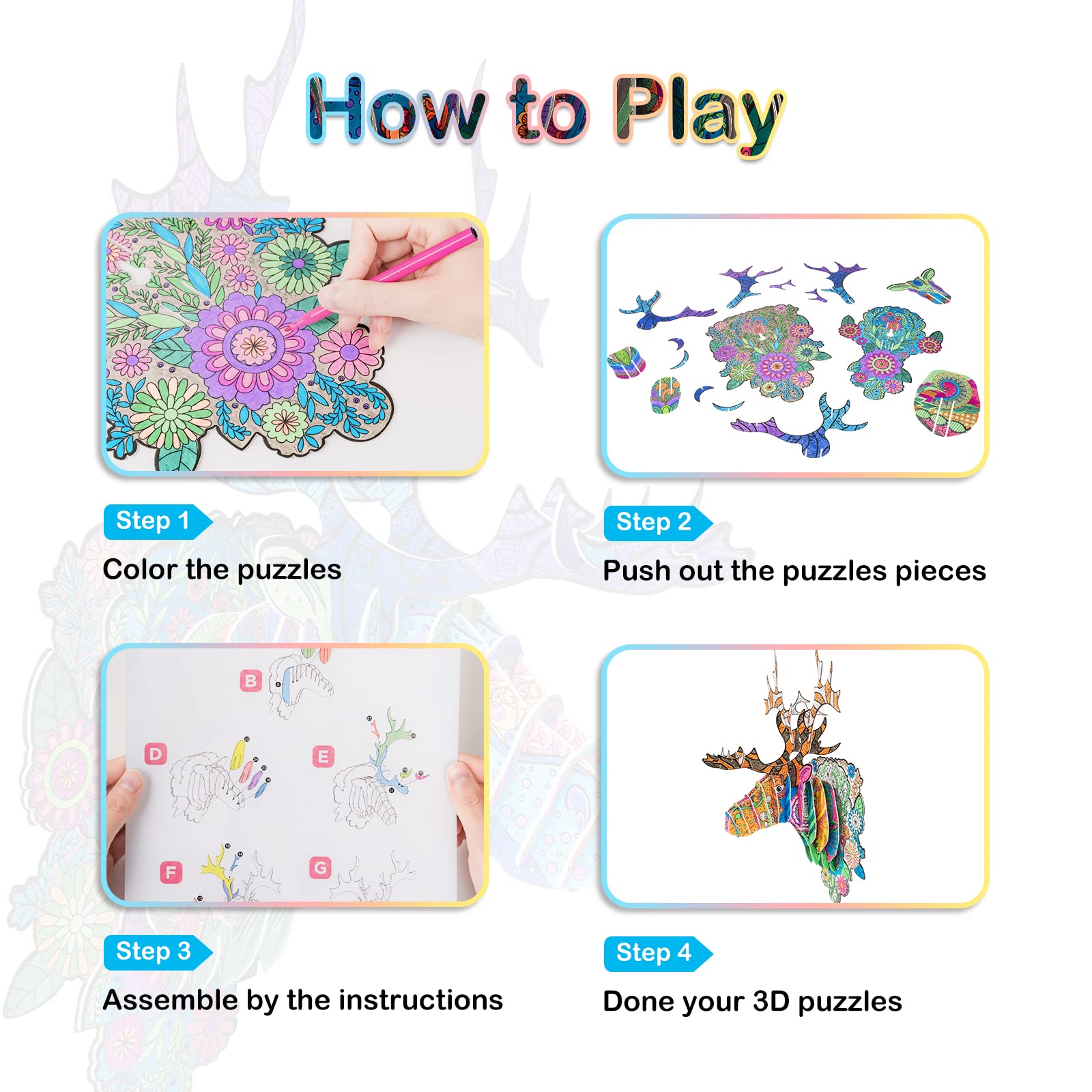 Hautton 3D Coloring Puzzle, Creative DIY Painting Puzzle Set Toy with 10 Colouring Pens, Fun Arts Crafts Gift for Kids Age 3 4 5 6 7 8 9 10 11 12 -Elk