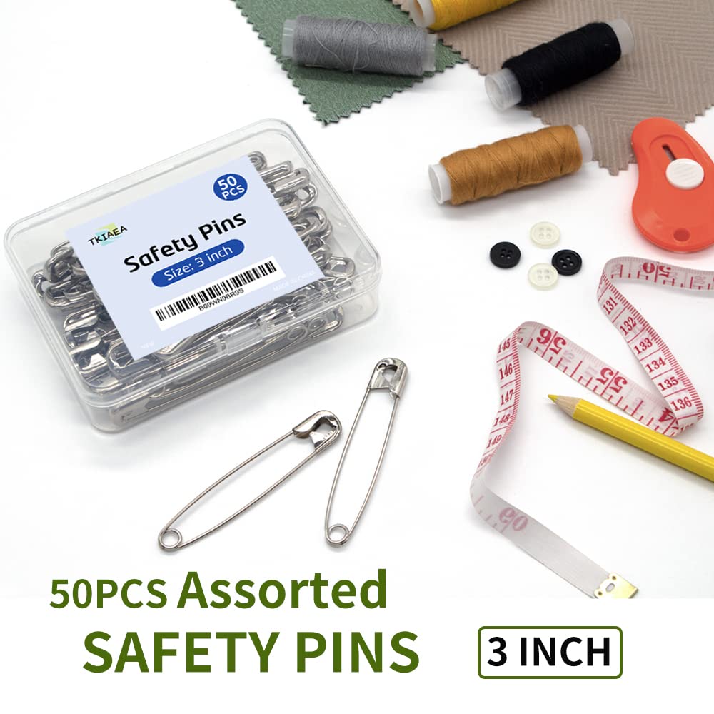 Tkiaea 3 Inches Large Safety Pins Heavy Duty, Pack of 50, Big Safety Pins, Safety Pins Bulk, Stainless Steel Safety Pins(Large Size)