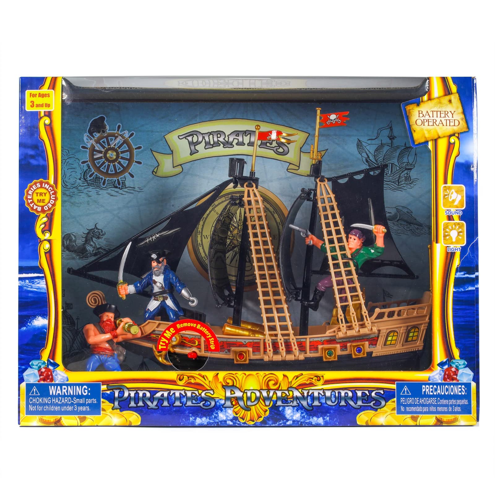 Kidplokio Toy Pirate Ship Boat Adventure Playset with Lights Sounds Action Figures, Black, Boys, Ages 3+