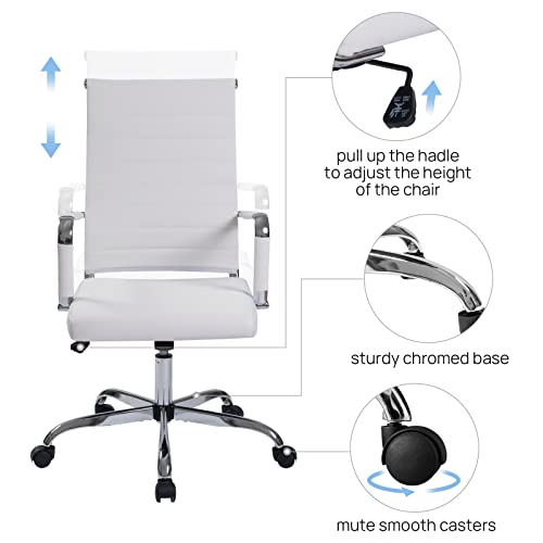 Office Task Chair, Beatmart INC Ergonomic Desk Chair Leather Conference Room Chairs Height Adustable | Ribbed High Back | Swivel Rolling Executive Chair White