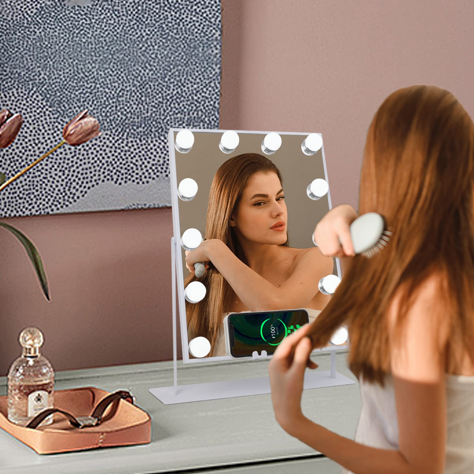 Fenair Hollywood Vanity Mirror with Lights Speaker and Wireless Charging Lighted Makeup Mirror with 12 LED Lights Upgrated Hollywood Mirror with Dimmable Lights