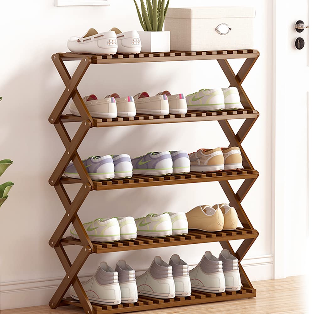 Homietina Foldable Bamboo Shoe Rack 5 Tier, Free Standing Shoe Storage Organizer for Entryway, Multifunctional Shoe Shelf for Home, Door, Hallway, Balcony, Bedroom