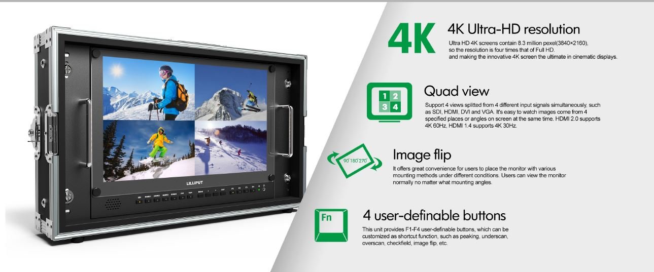 LILLIPUT BM150-4K 15.6" 4K 3840×2160 Ultra-HD resolution, 1000:1 Contrast Ratio, 25ms Response Time with Carry-on Metal case 3G-SDI, HDMI, VGA, AV input by VIVITEQ
