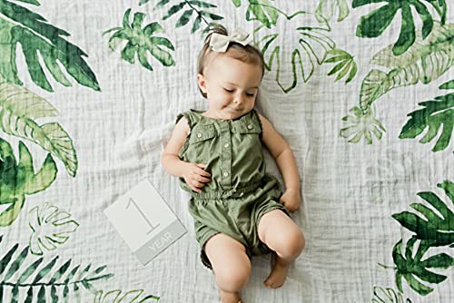 Little Unicorn Keepsake Monthly Milestone Photo Blanket – 47” x 46” – Milestone Cards Included - 100% Cotton Muslin – Machine Washable – Playful Designs - for Boys & Girls (Tropical Leaf)