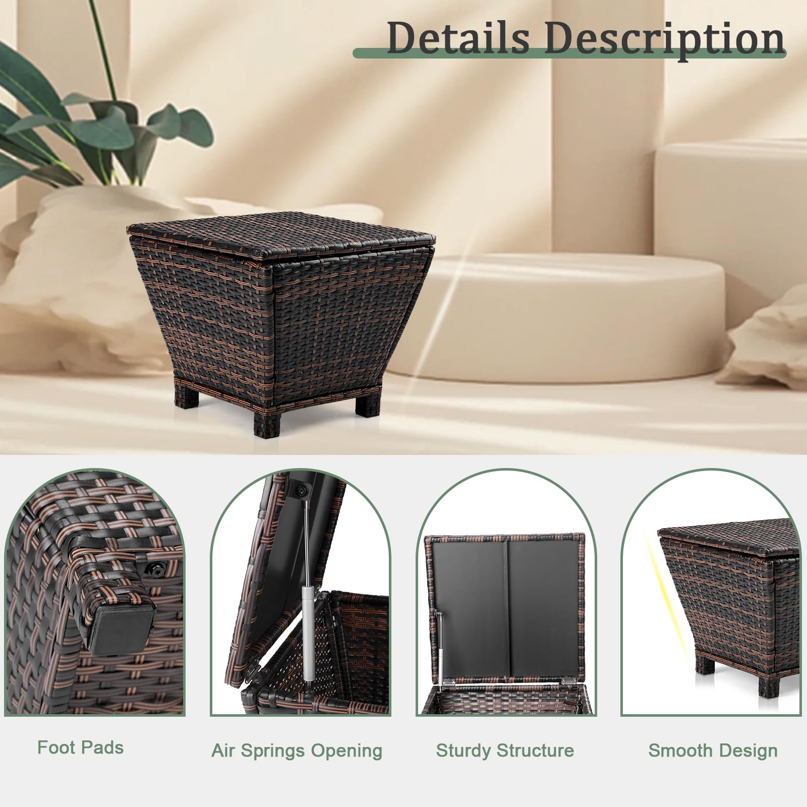 Small Deck Storage Box Outdoor with Lid, 13 Gallon Small Outdoor Bin Storage Container for Hose Cushion Towel, Patio Brown Side Wicker Table with Storage-Steel, Rattan, Square