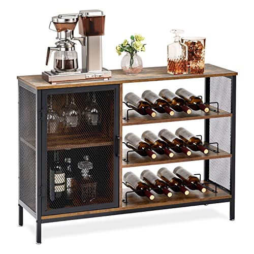 GlowSol Liquor Cabinet Bar for Home, Industrial Wine Bar Cabinet with Removable Wine Rack, Vintage Farmhouse Coffee Bar Cabinet with Storage