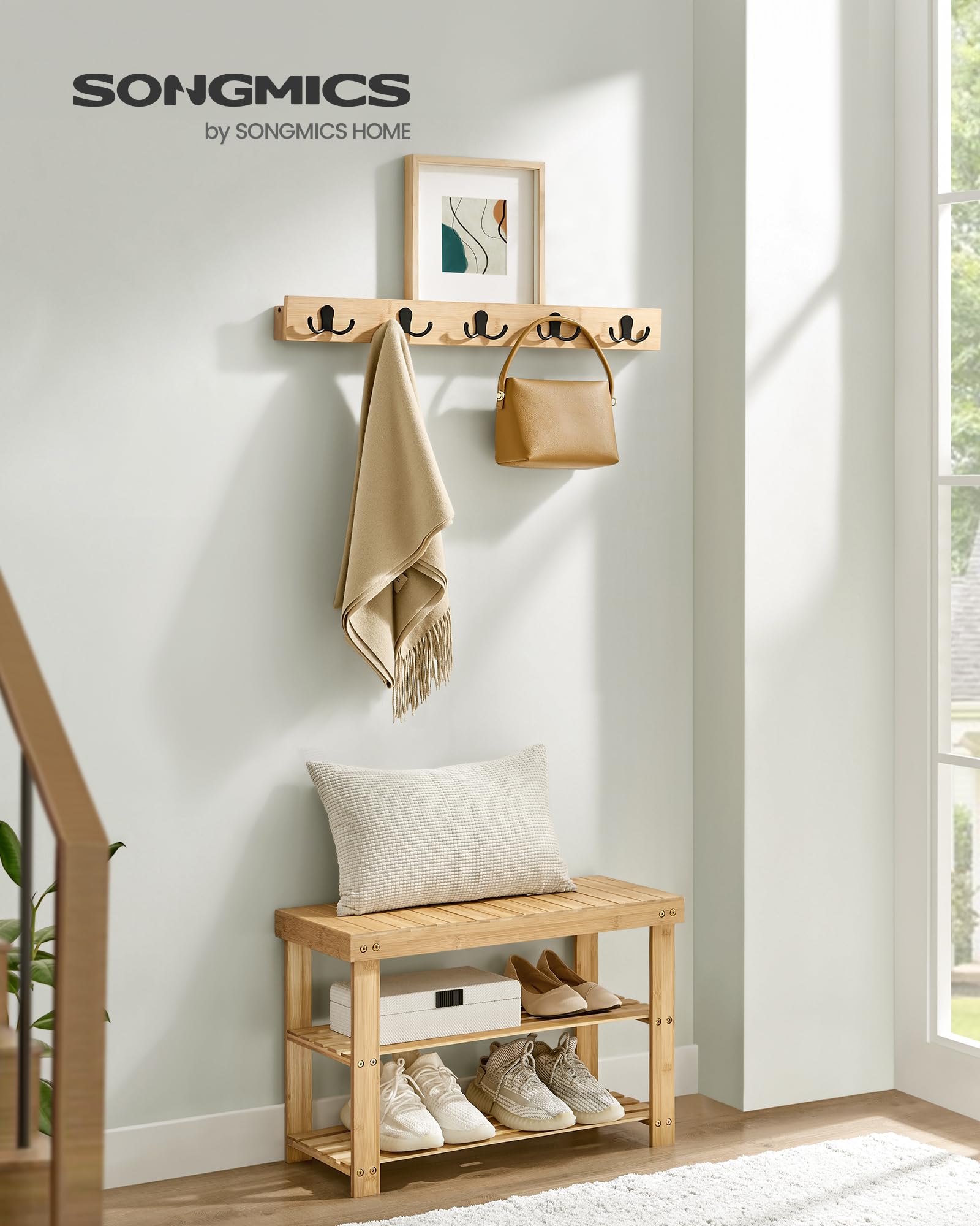 SONGMICS Hall Tree with Bench, Coat Rack Shoe Bench Set, Entryway Furniture, Multifunctional, 5 Double Metal Hooks, 3-Tier Bamboo Shoe Rack, for Entryway, Hallway, Bedroom, Natural Beige ULCR004N01