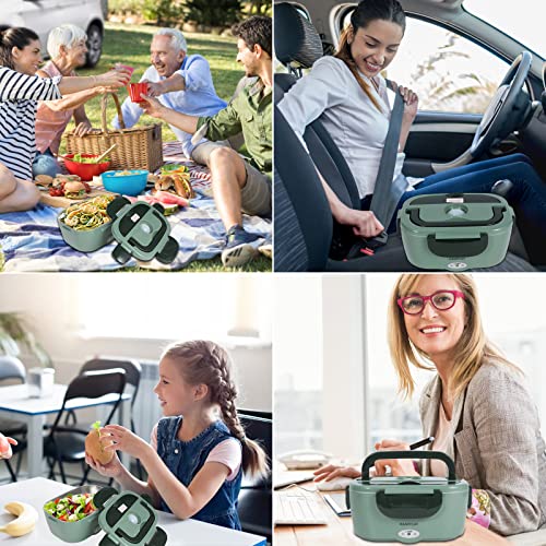 HANFFCAT Electric Lunch Box, Portable Box Food Heater Leak-Proof Sealing Ring Waterproof And For Car、Truck Work 12v 110v 55w ,Stainless Steel Container Spoon Fork、Handbag, Green (DRFH-02)