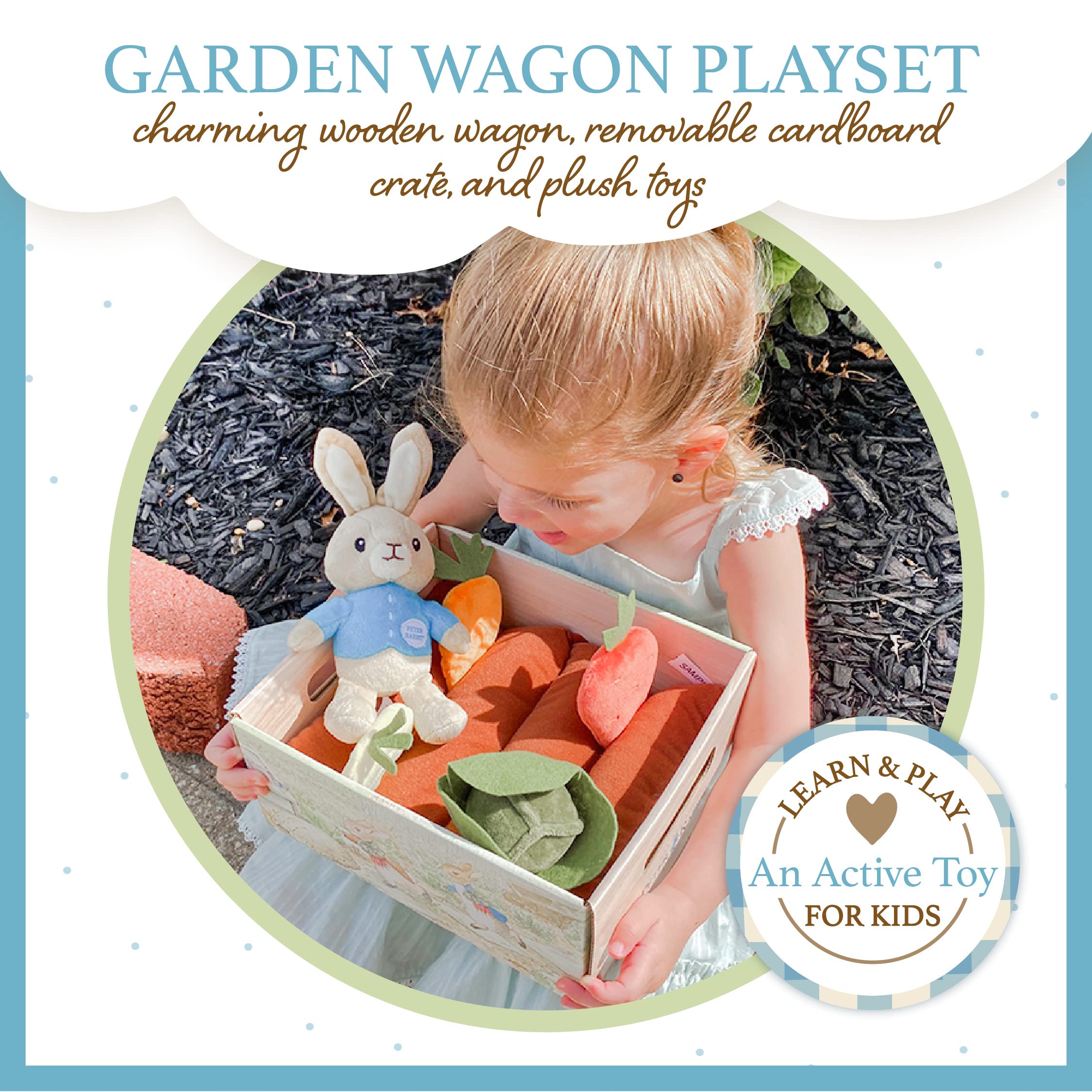 KIDS PREFERRED Beatrix Potter Peter Rabbit Wooden Garden Wagon and Plush Veggie Play Set, (24228)