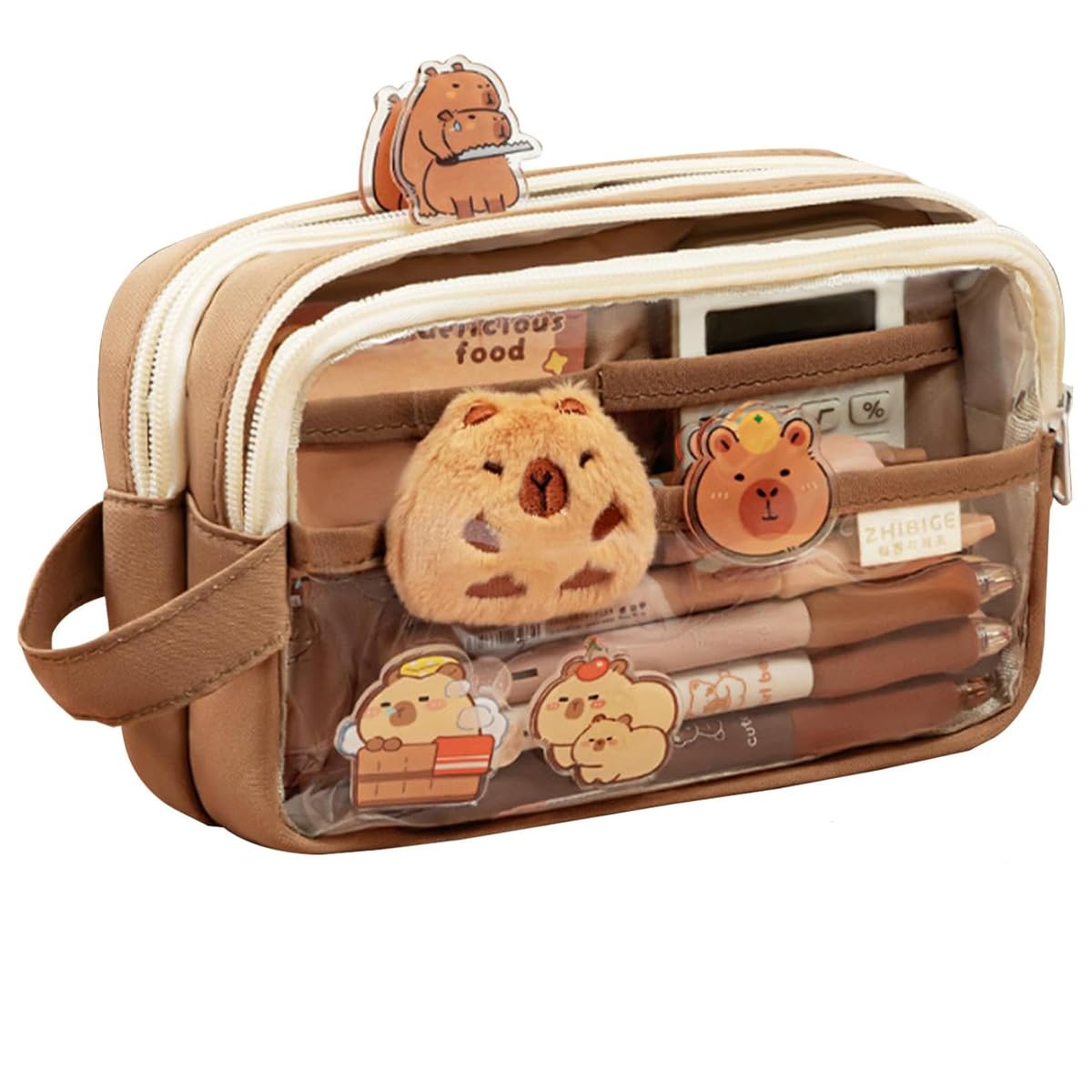 Capybara Pen Case, Aesthetic Transparent Pencil Case, Large Zippered Pencil Pouch, Beautiful Pencil Bag, Multi-Layer Large Capybara Pencil Pouch (5th Floor-A)