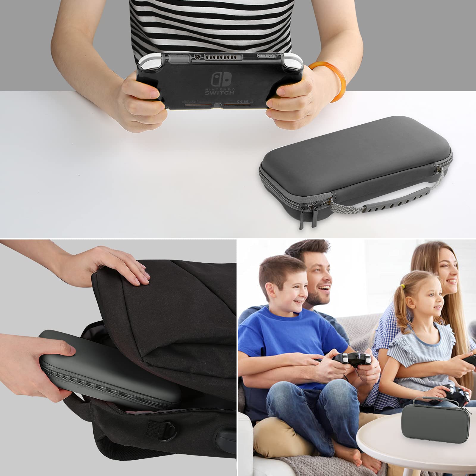 HEYSTOP Compatible with Switch Lite Carrying Case, Switch Lite Case with Soft TPU Protective Case Games Card 6 Thumb Grip Caps for Nintendo Switch Lite Accessories Kit(Grey)