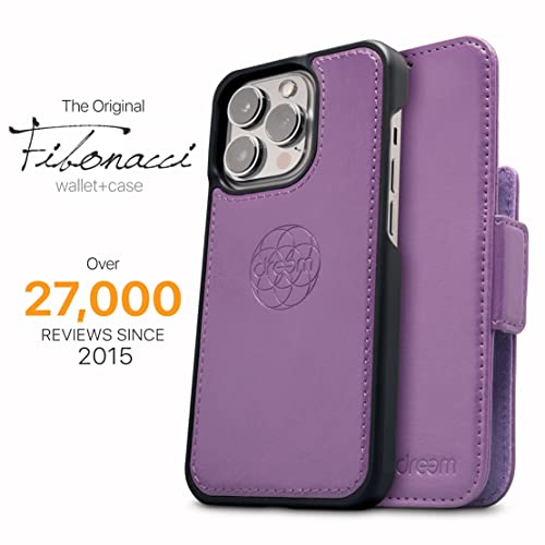 Dreem Fibonacci 2-in-1 Wallet Case for Apple iPhone 14 Pro - Luxury Vegan Leather, Magnetic Detachable Shockproof Phone Case, RFID Card Protection, Magsafe Compatible - Purple