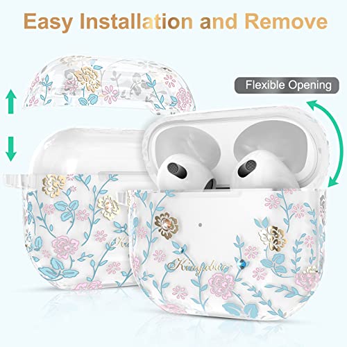 KINGXBAR Compatible with AirPods 3rd Generation Case, Cute Floral Clear Soft TPU Shockproof Protective Cover for Women Girls with Keychain for Apple AirPods 3 2021 Charging Case (Blue)