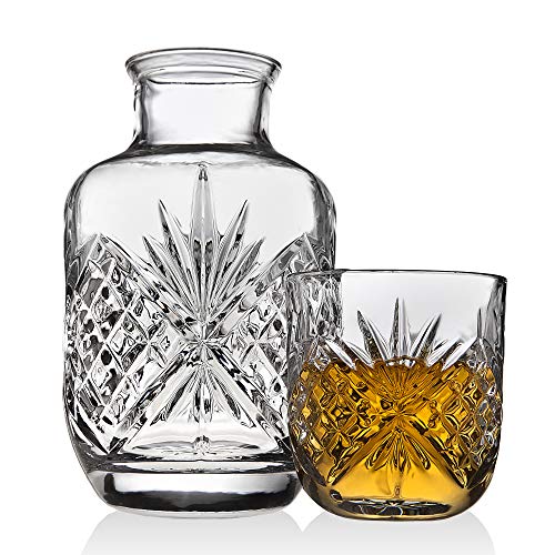 Lefonte Crystal Bedside Night Carafe Pitcher and Water Glass Tumbler Set, Bedroom Nightstand Water Pitcher and Cup Set