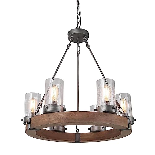 LNC Farmhouse Chandelier, Wood Round Wagon Wheel 6-Light Fixture with Seeded Glass Shades for Dining & Living Room, Bedroom, Kitchen and Foyer