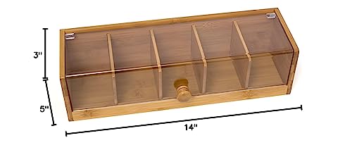 Lipper International 8187 Bamboo Wood and Acrylic Tea Box with 5 Sections, 14" x 5" x 3-3/4"