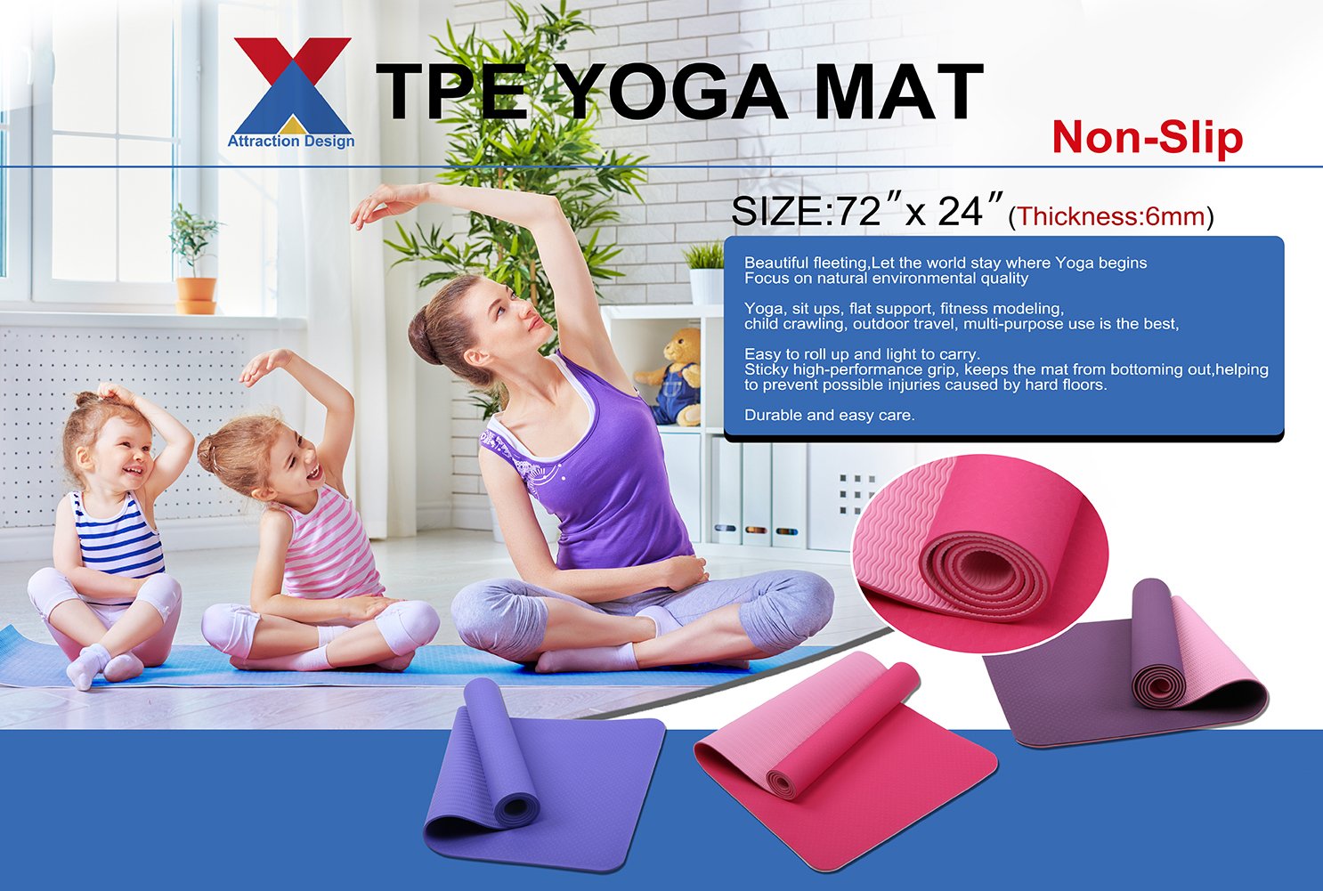 Attraction Design Yoga Mat Non Slip Exercise Mat Extra Thick Workout Mat for Yoga, Eco Friendly Exercise Yoga Mat High Density Fitness Pilates Mat with Carrying Strap, 72x 24x 6mm (Black)