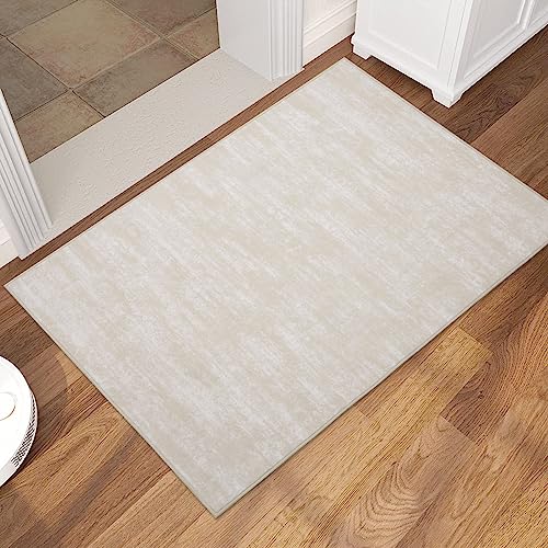 WESTLOOM Small Area Rug Washable Indoor Doormat 2x3 Non-Slip Modern Solid Rug Contemporary Throw Floor Carpet for Living Room Bedroom Kitchen, Cream