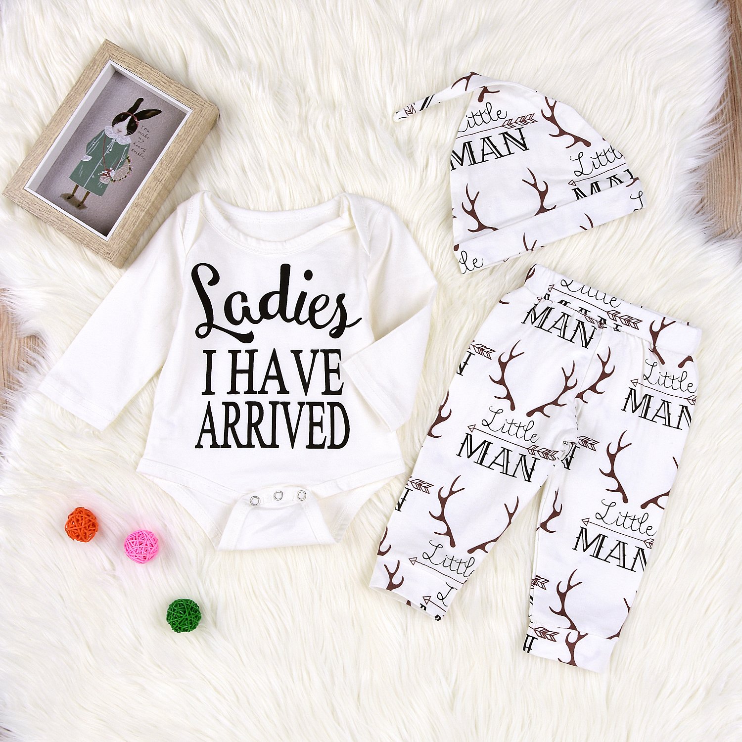 Newborn Suit For Baby Shower Deer Print Long Sleeve Romper+Long Pants+Hat (0-3months, Man),3M