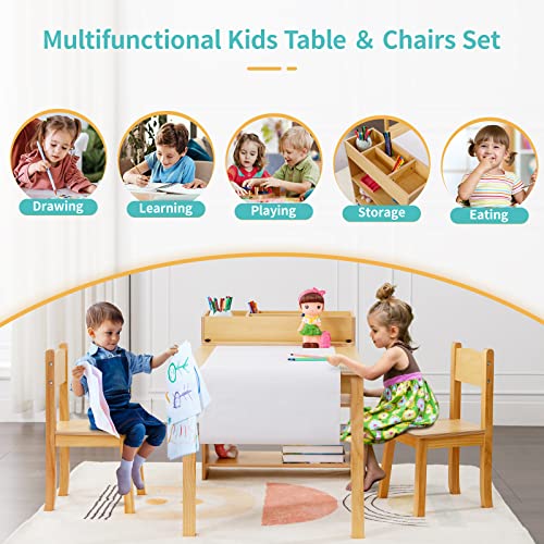 Kids Art Table, Wooden Kids Craft Table for Playroom, Kids Activity Table with 2 Chairs, 4 Storage Baskets, 2 Rows of Storage Racks and Paper Rolls (Wood)