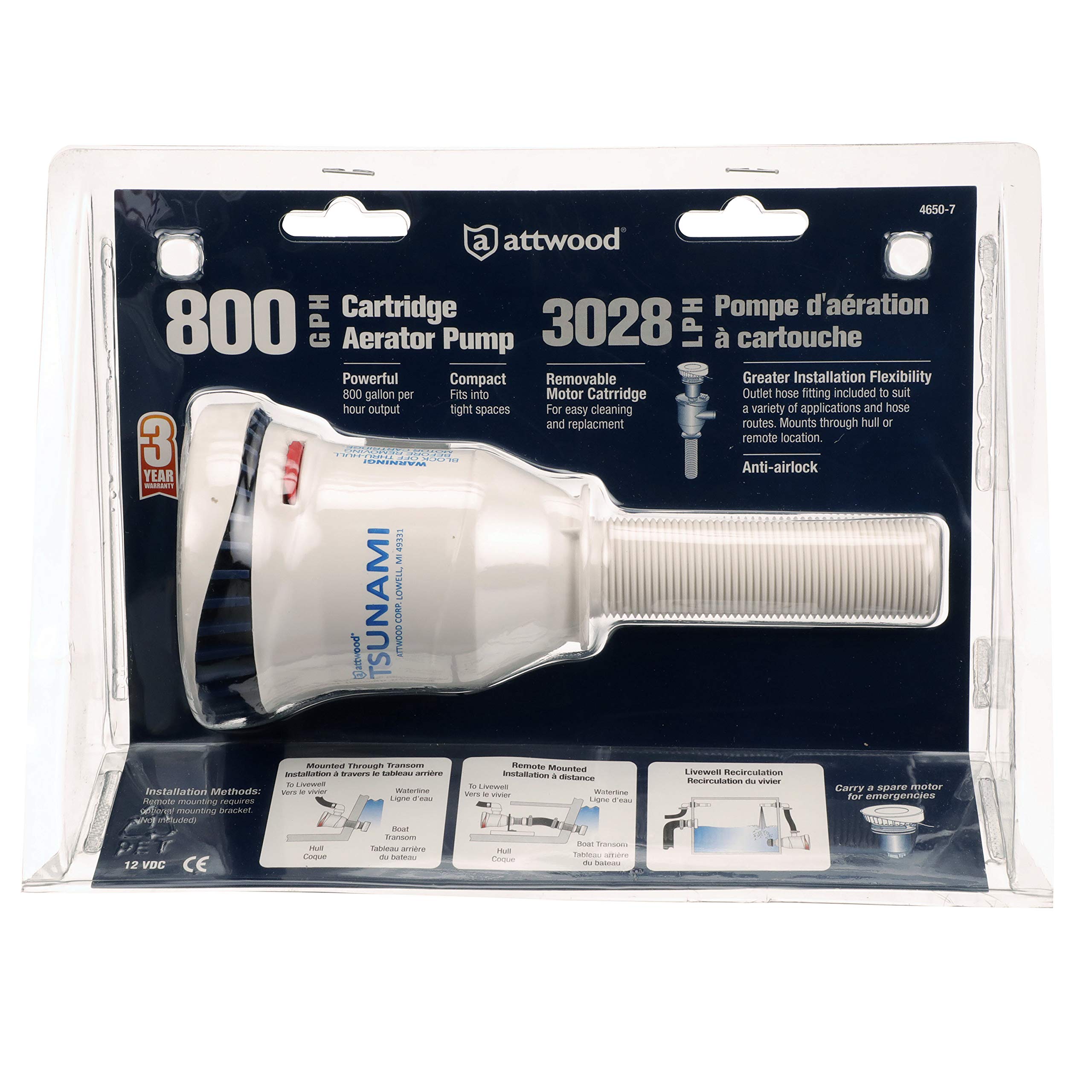Attwood 4650-7 Tsunami T800 Aerator Pump, 800 GPH, 12-Volt, 3 ½-Inch Long Inlet, Threaded ¾-Inch Diameter Outlet, 29-Inch Wire