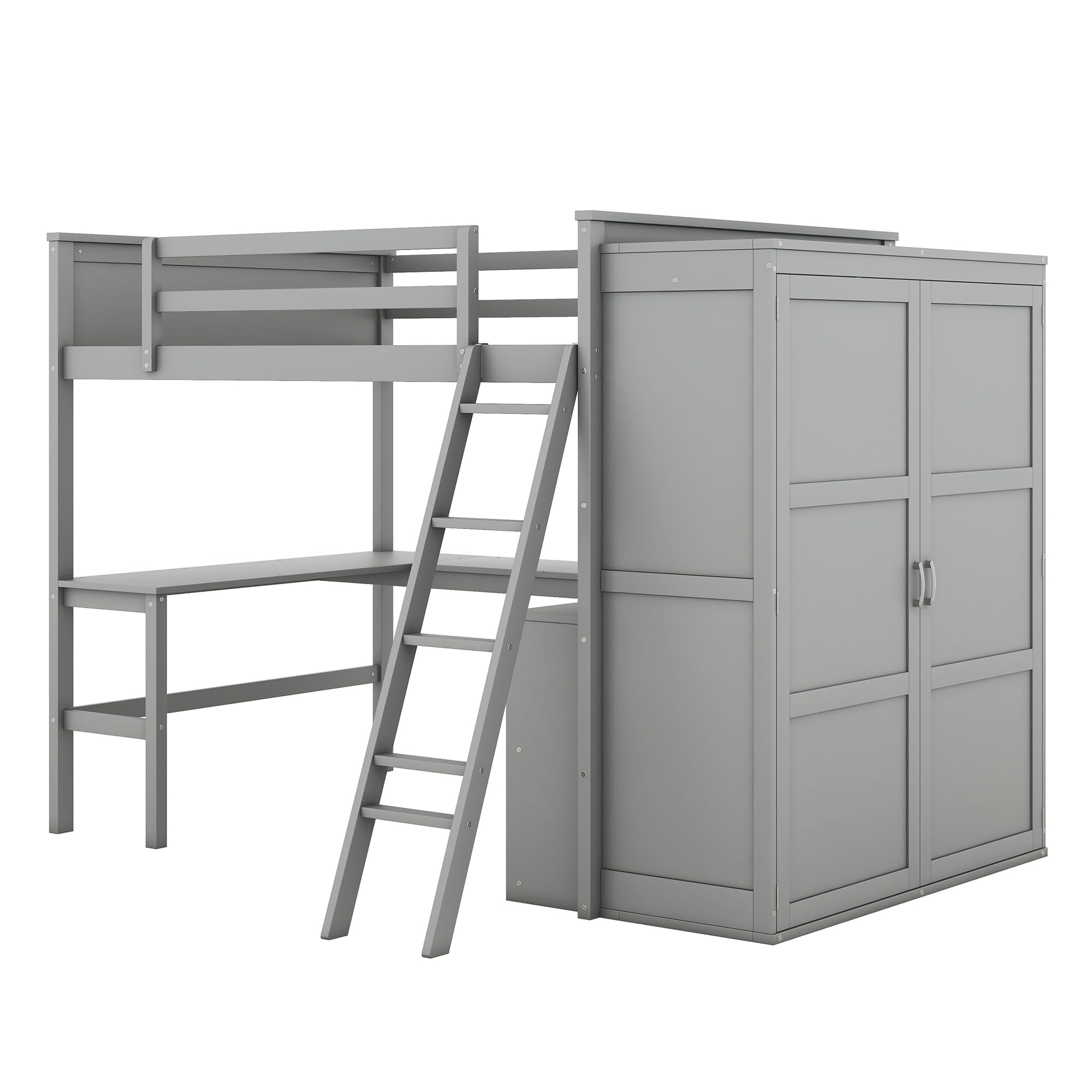 LostCat Full Size Loft Bed with Desk and Wardrobe, Wooden High Loft Beds Frame with Storage Shelves & Closet for Kids,Teens, Adults,No Box Spring Needed, Noise Free for Dorm Bedroom, Grey
