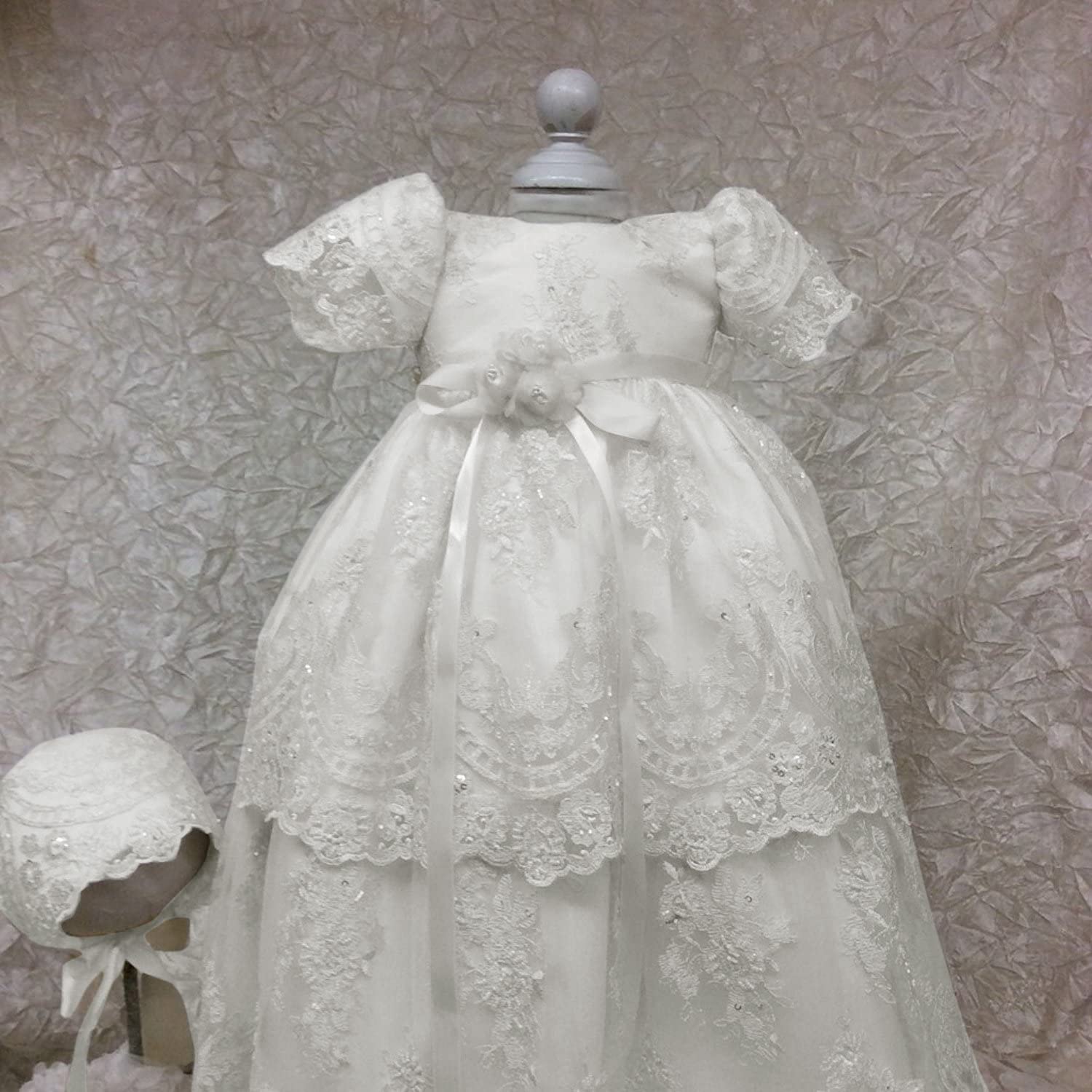 Newdeve Long Baptism Dresses for Baby Girls Christening Gowns Toddler with Bonnet White