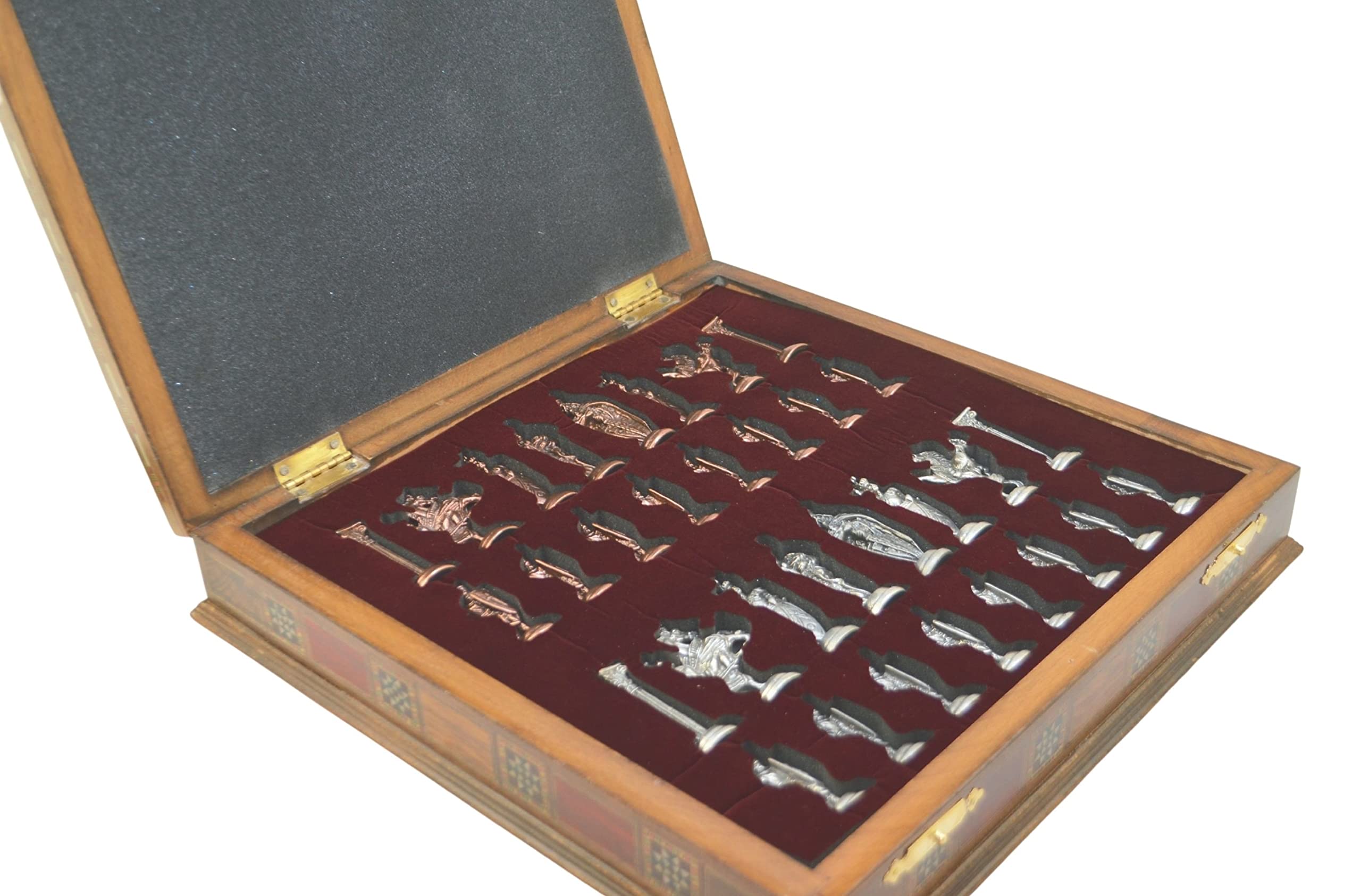 GiftHome Medieval British Army Antique Copper Metal Chess Set for Adults,Handmade Pieces and Natural Solid Wooden Chess Board with Storage Inside King 3.35inc
