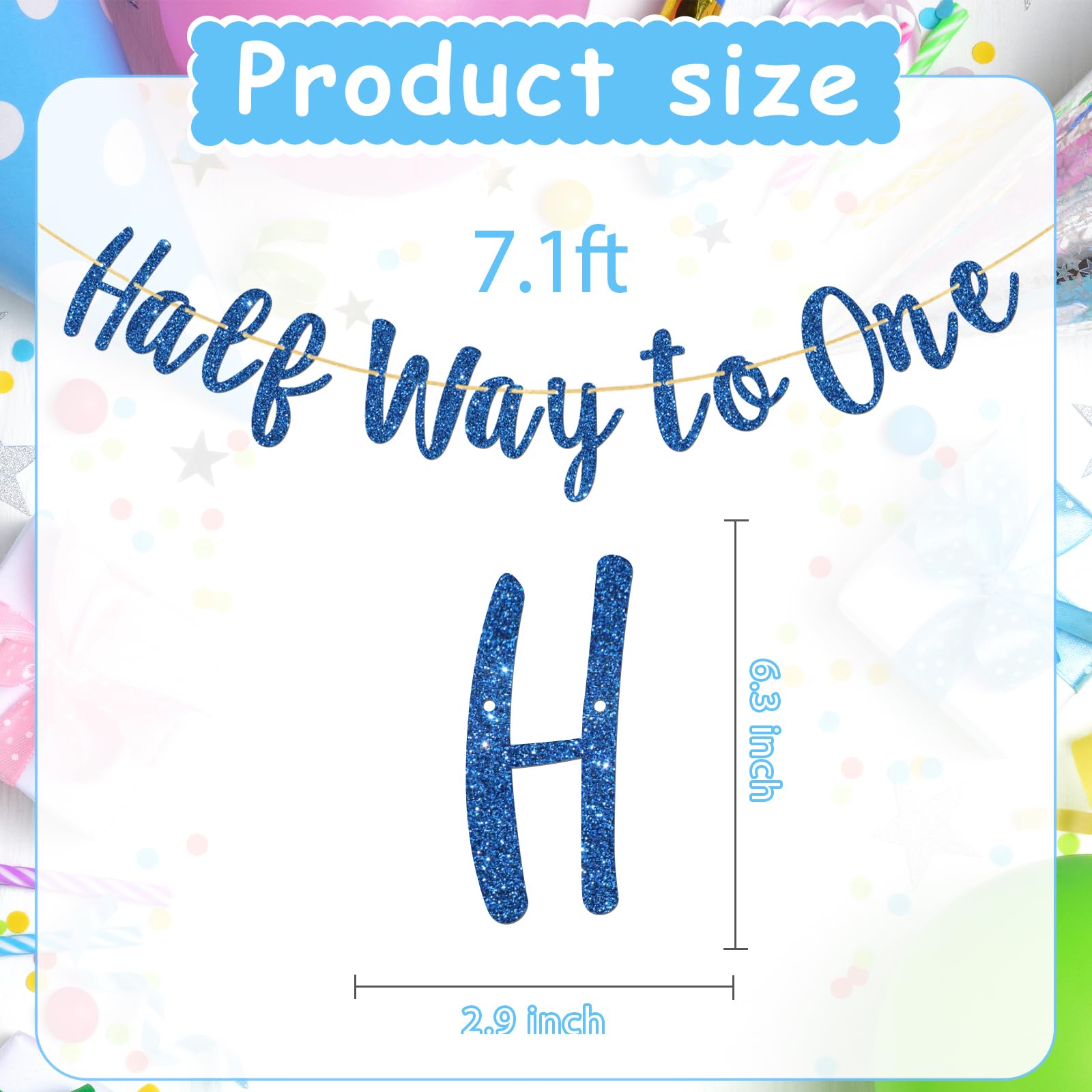 Halodete Half Way to One Banner, Baby 6 Months Banner, Baby Shower, Half 1/2 Birthday Party Garland Bunting Decorations - Blue Glitter