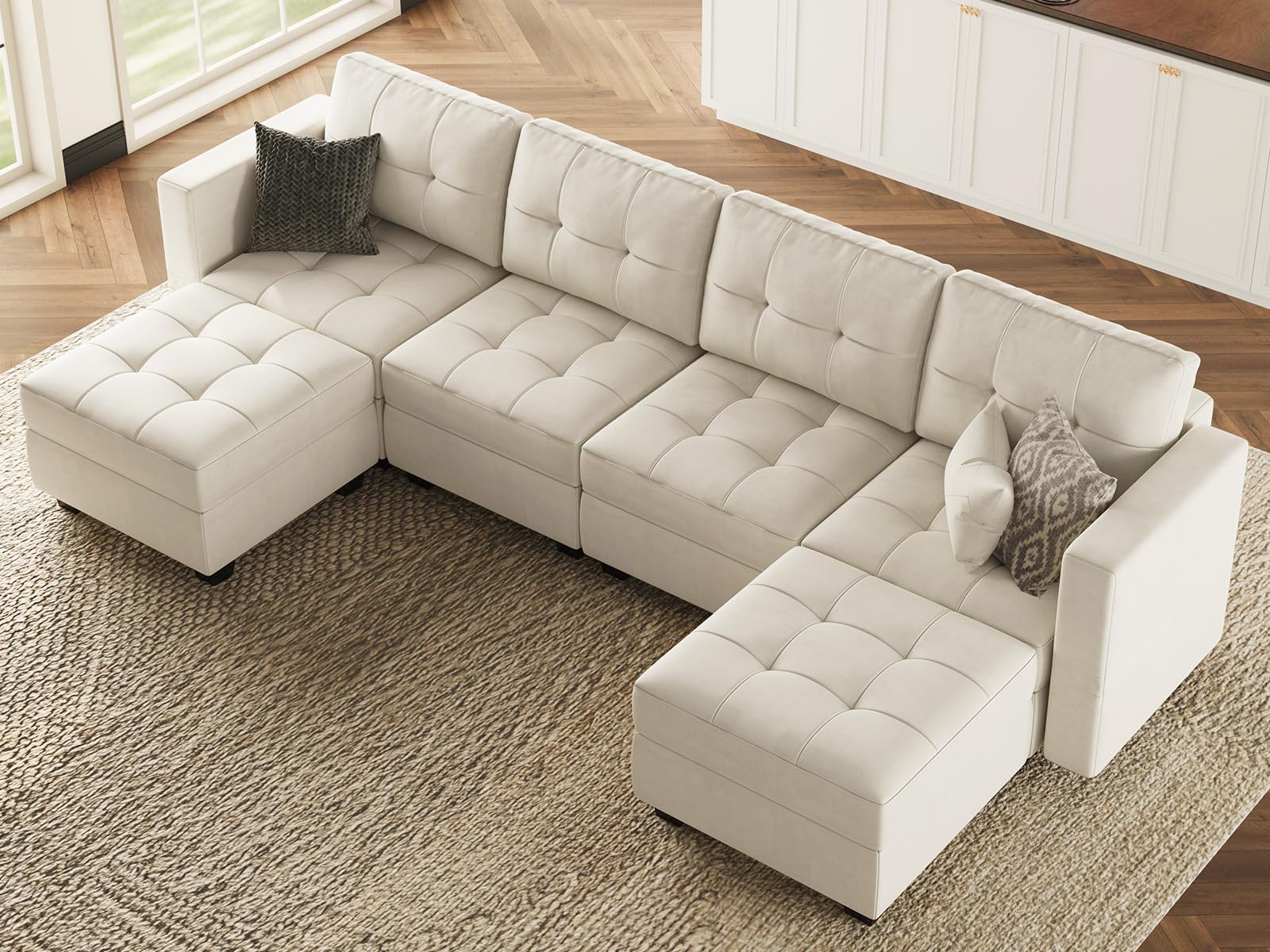 Belffin U-Shaped Modular Sectional Sofa, Modular Couch with Storage Seats, 6 Seat Convertible Sofa with Reversible Chaise, Beige