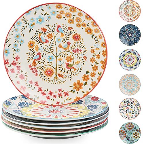 getstar 10.5” Ceramic Dinner Plates with Underglaze Assorted Patterns, Set of 6, Microwave & Dishwasher Safe, Colorful Porcelain Salad Pasta Dinner Plates Set of 6