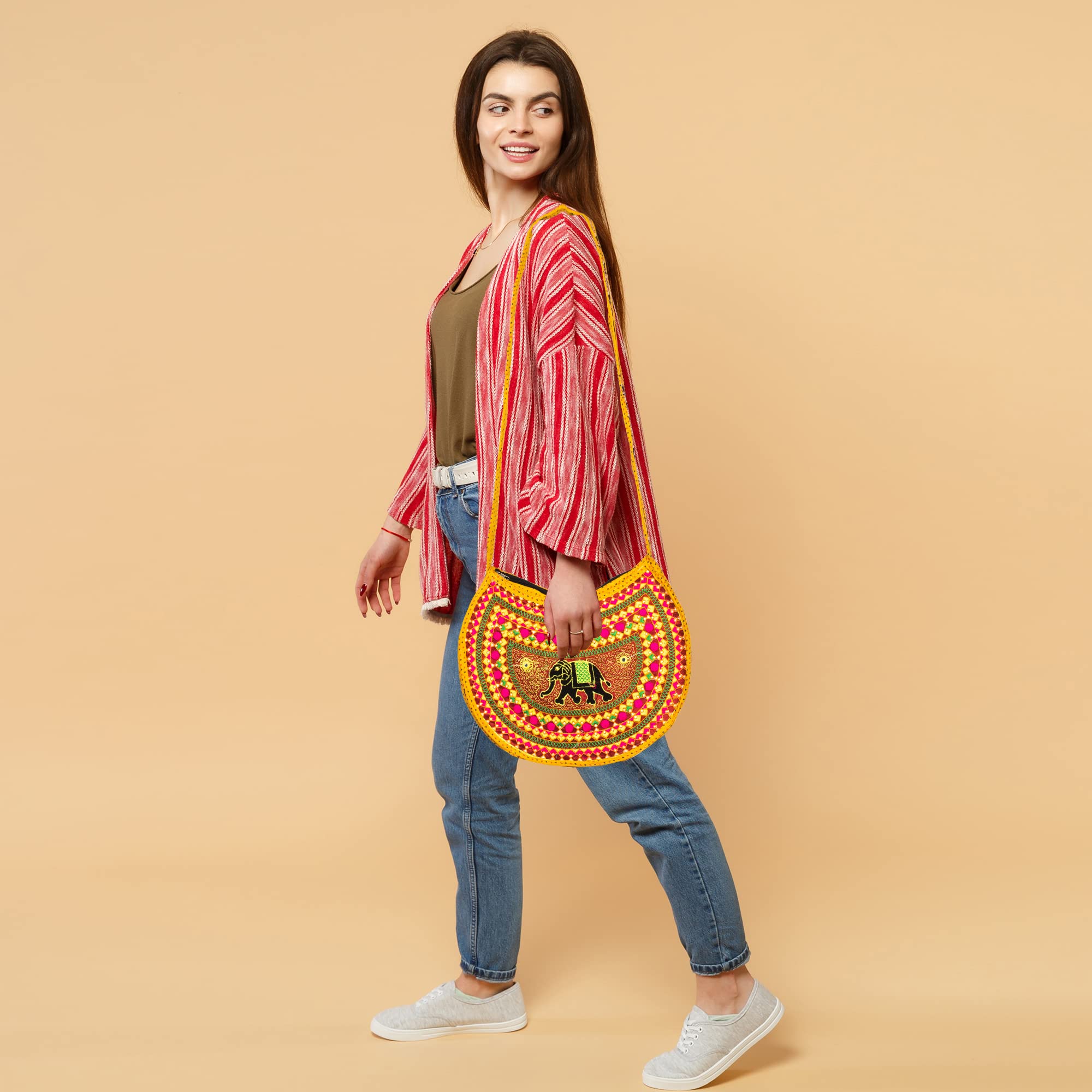North Creed Crossbody Elephant Flora Embroidery Shoulder Bag, Indian Ethnic Travel Handbag with Zipper Pocket- Yellow