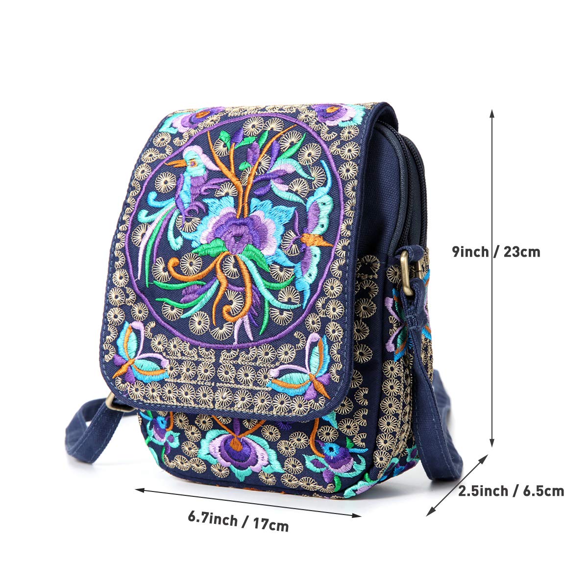 Embroidered Small Canvas Crossbody Bag Cell Phone Bag for Women Handmade Mini Shoulder Bag Wallet Bag Pouch(Blue)