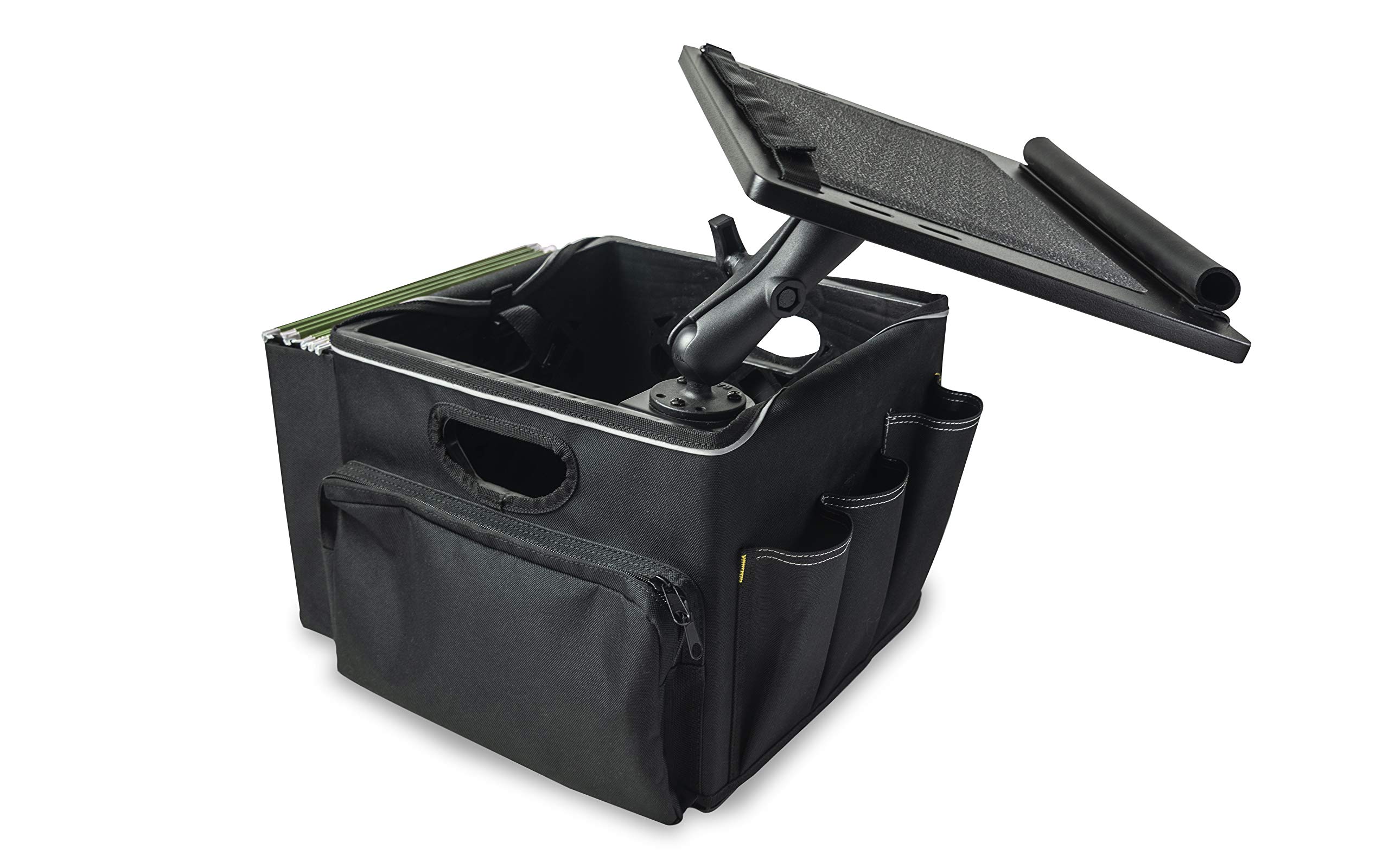 AutoExec AUE80018 Milk Crate Vehicle and Mobile Office Work Station with Apron and Laptop Tray, Black, Laptop Tray Mount