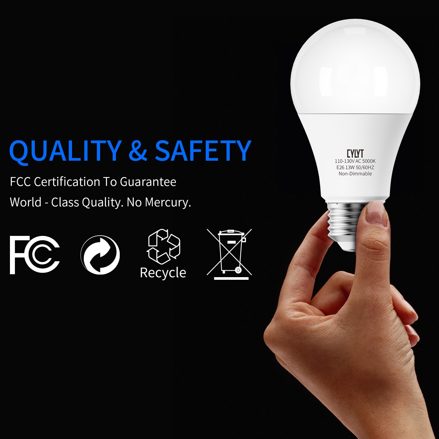 CYLYT 100W Equivalent Bright LED Light Bulbs, Daylight White 5000K A19 Lightbulbs, Focos LED para Casa, for Kitchen Bedroom Indoor, 1500 Lumens, E26 Standard Base, 4-Pack, Non-Dimmable