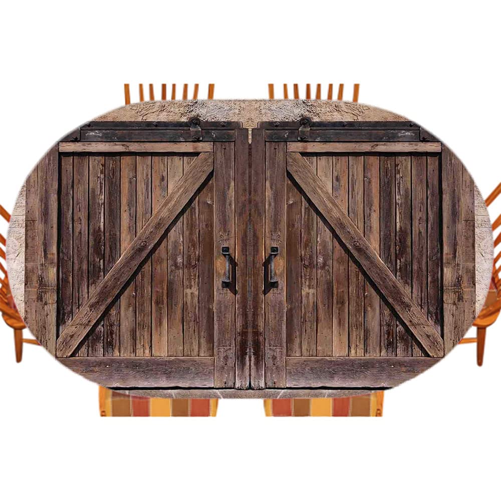 ESFVRG Rustic Oval Table Cloth, Wooden Barn Door in Stone Farmhouse Image Vintage Desgin, Indoor Dining and Outdoor Patio Festival Use, Fits 48" x 72" Table, Brown